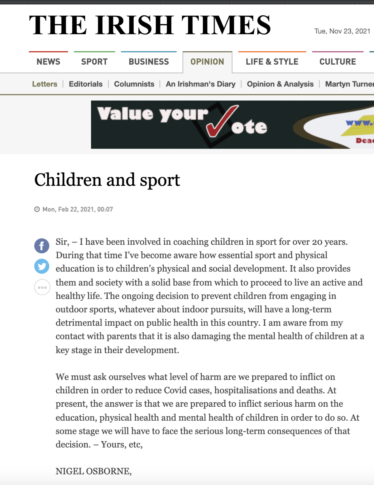 Children And Sport — The Irish Times – Rugby and French